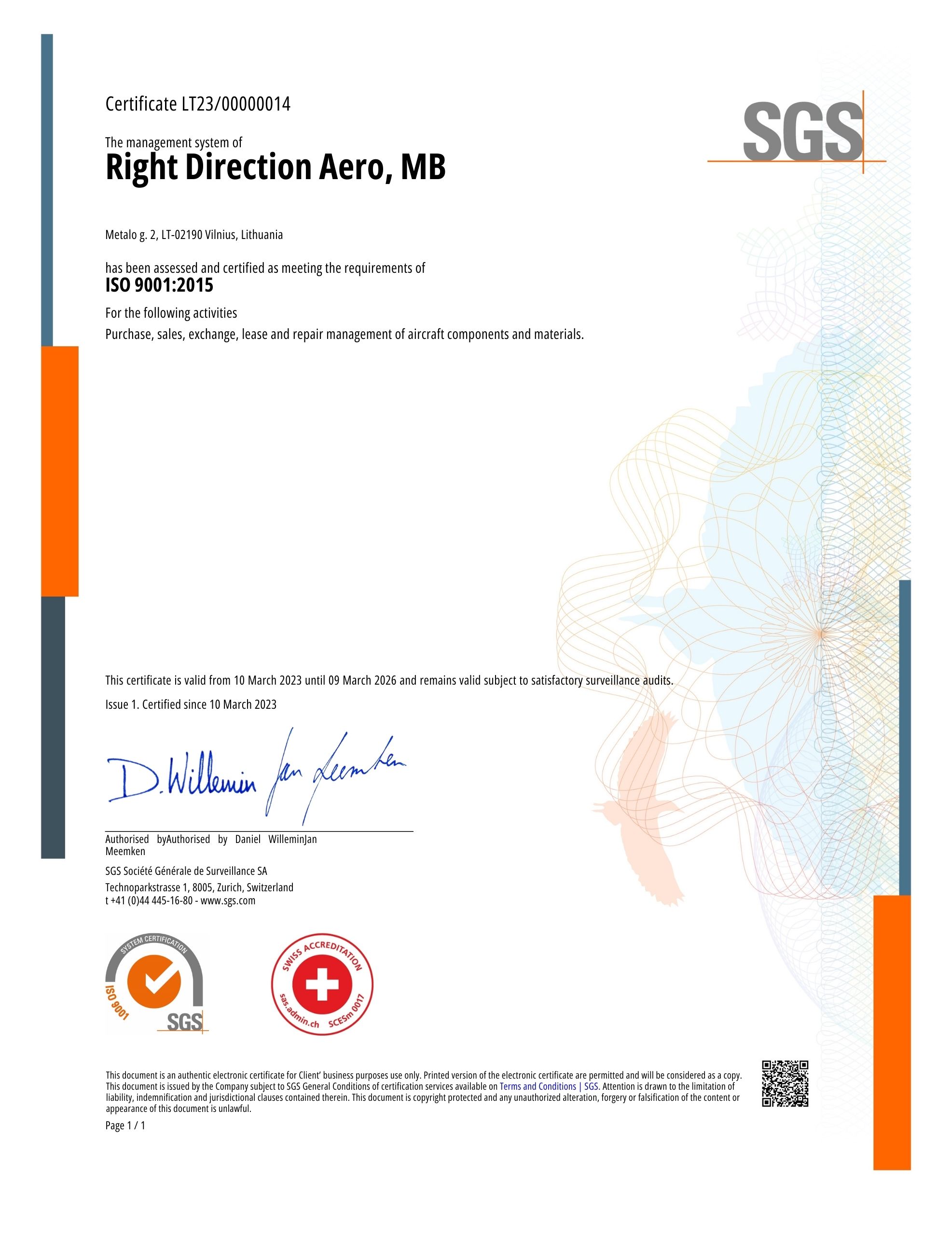 Certificates - RIGHT DIRECTION AERO